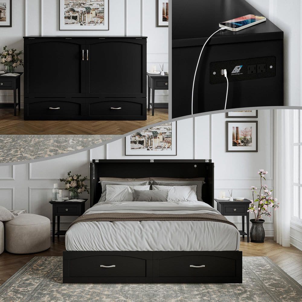 AFI Marion Black Wood Frame Queen Murphy Bed Chest with 6 in. Mattress ...