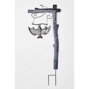 37 in. Metal Halloween Welcome Sign Post with Bat Outdoor Yard Stake ...