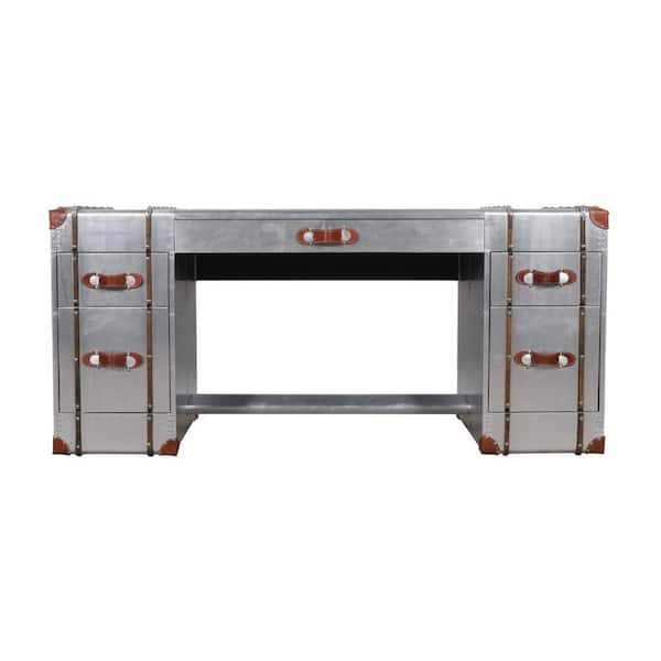 HomeRoots 72 in. Rectangular Silver Aluminum 5-Drawer Computer Desks ...