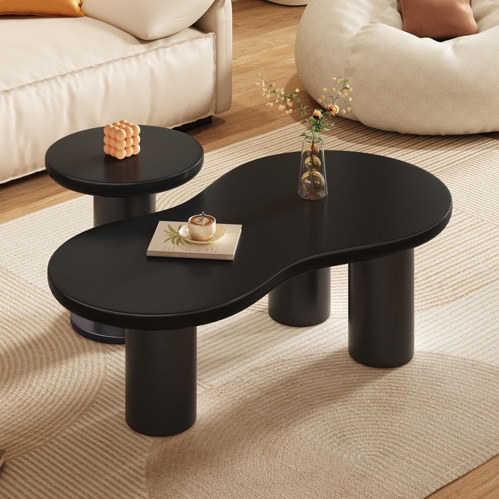 Clihome 39 in. Black Round MDF Nesting Coffee Table Irregular Center ...