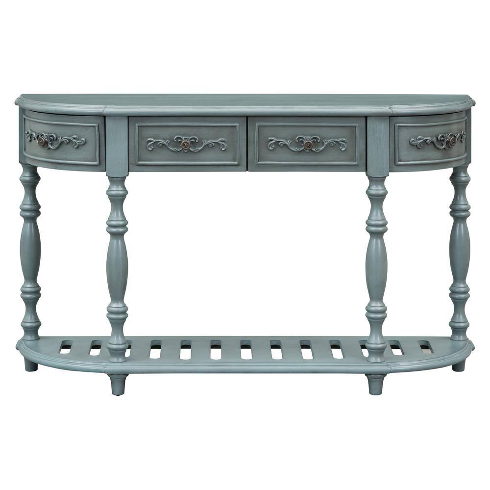 Polibi 52 in. Antique Blue Curved Wood Console Table with - Drawers and ...