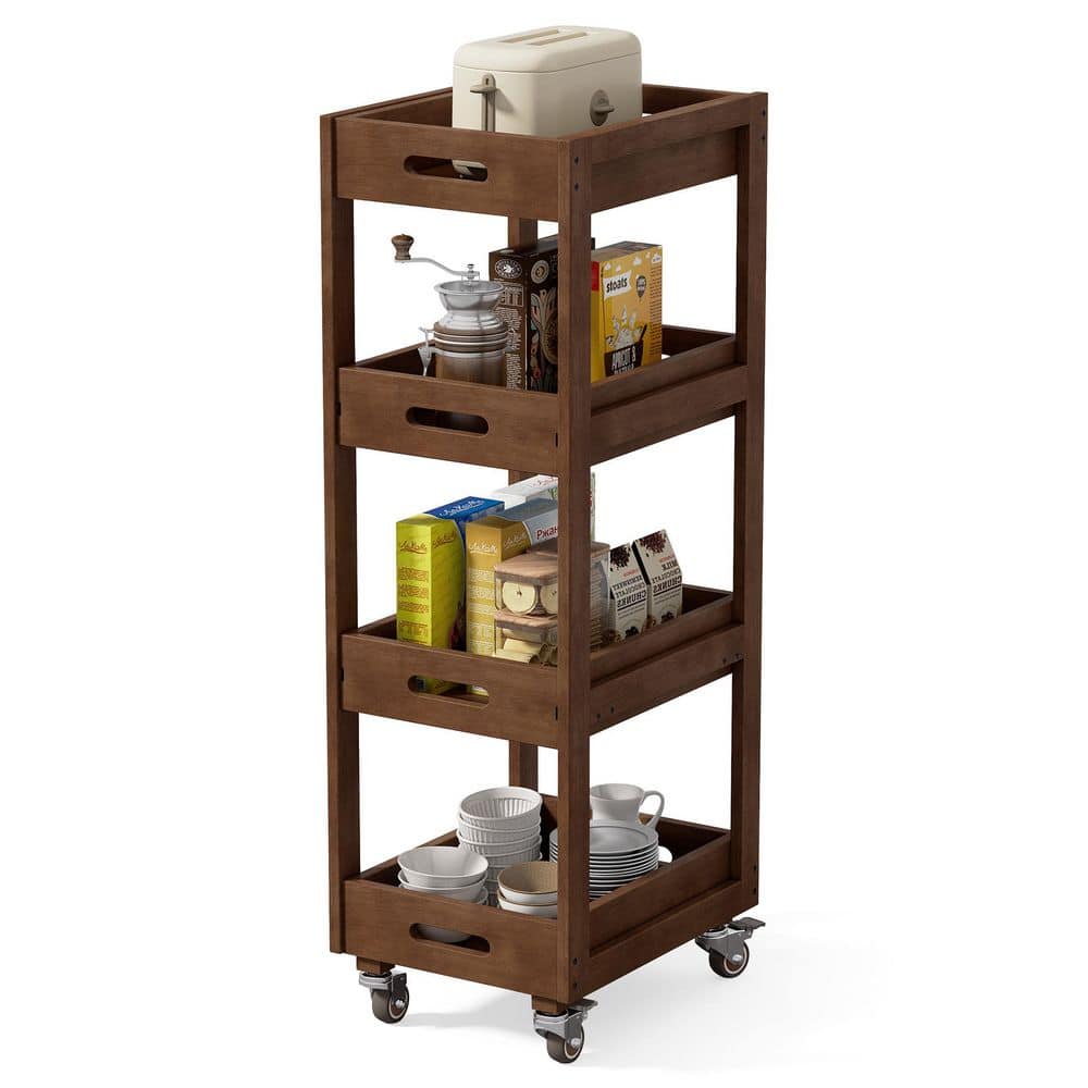 BYBLIGHT Walnut Brown 15.74 in. W Solid Wood Storage Cart, 4-Tier Slim ...