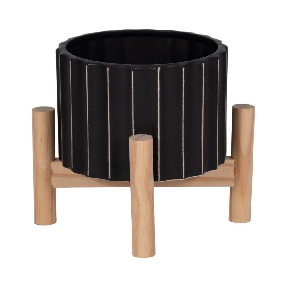 Liv & Skye Black 6 in. x 6 in. Ceramic Fluted Planter with Wood Stand ...