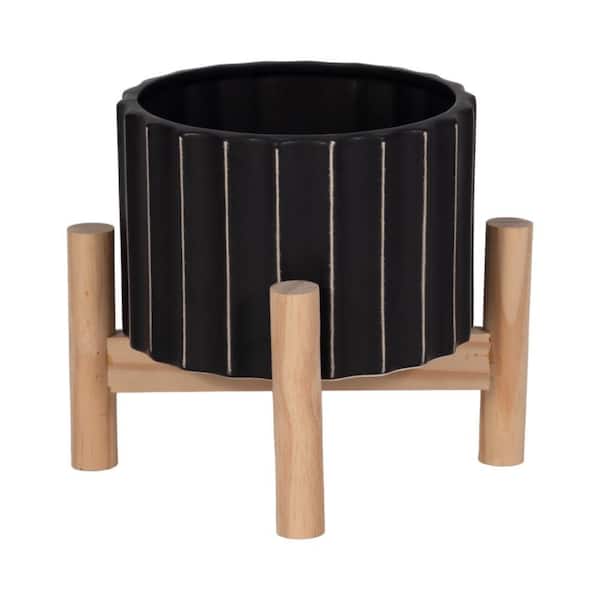 Liv & Skye Black 6 in. x 6 in. Ceramic Fluted Planter with Wood Stand ...