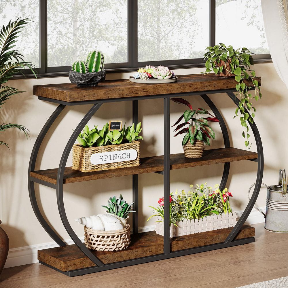 BYBLIGHT Turrella 41.3 in. Rustic Brown Rectangle Wood Console Table with Storage Shelves ...