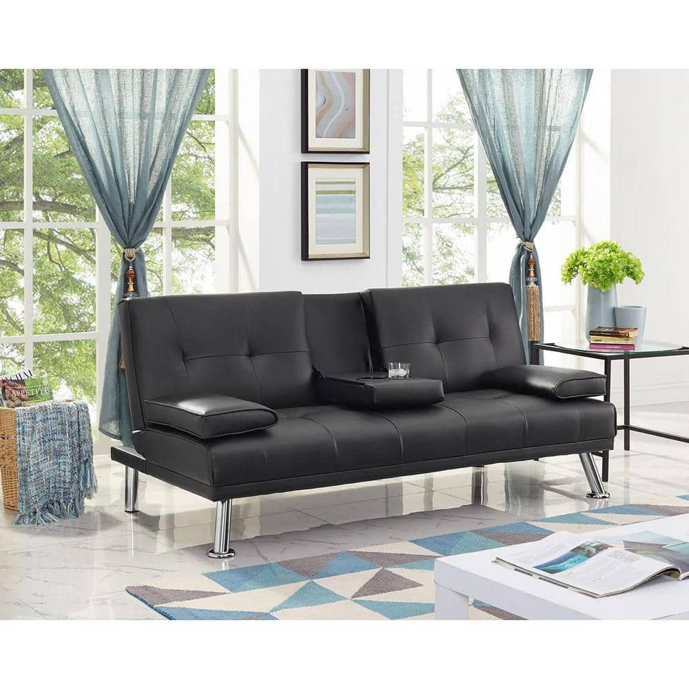 HOMESTOCK Black, Futon Sofa Bed Faux Leather Futon Couch with Armrest ...