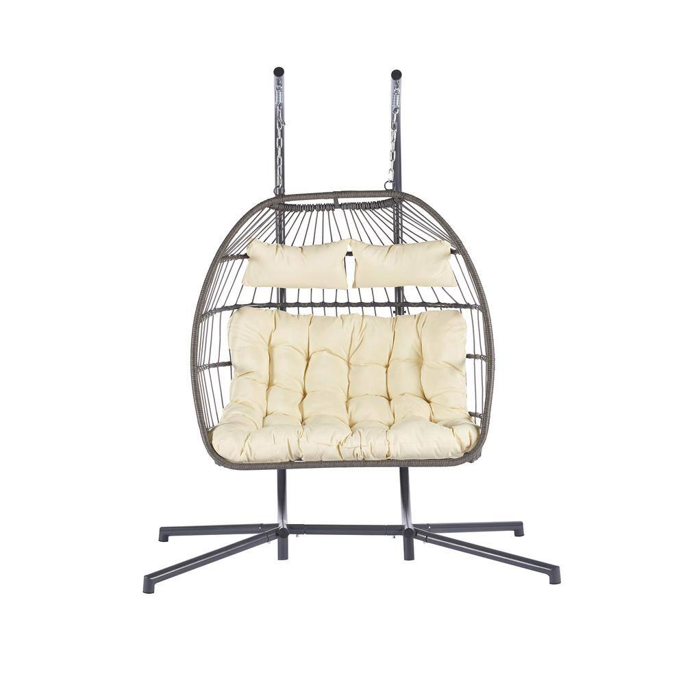 Cesicia 2 Person Gray Wicker Porch Egg Swing Chair with Beige Cushion ...