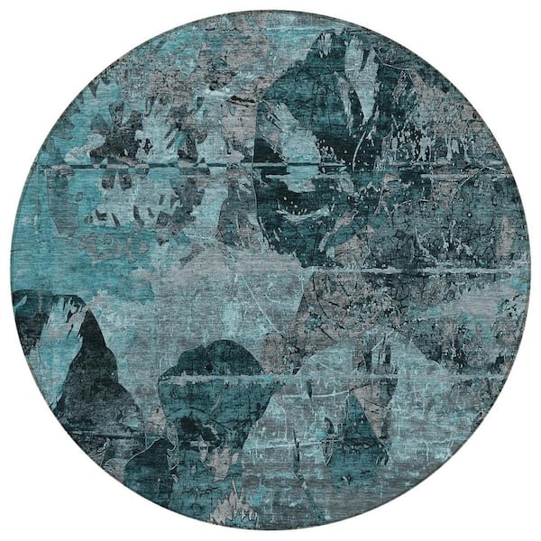 HomeRoots Teal and Gray 8 ft. Round Woven Floral Round Indoor/Outdoor ...