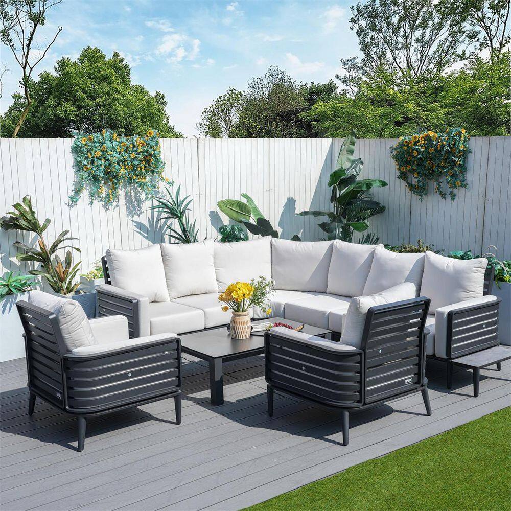 DIRECT WICKER Steven Dark Grey 7-Piece Aluminum Patio Conversation Set ...