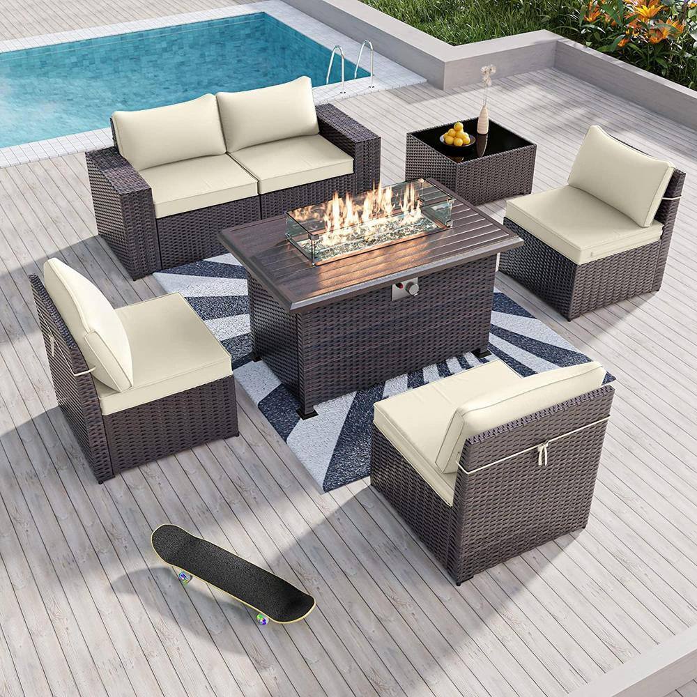 Halmuz 7-Piece Wicker Patio Conversation Set with 55000 BTU Gas Fire ...