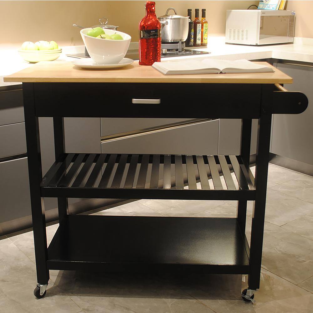 Staykiwi Black MDF Kitchen Cart with Two Lockable Wheels, Rubber Wood ...