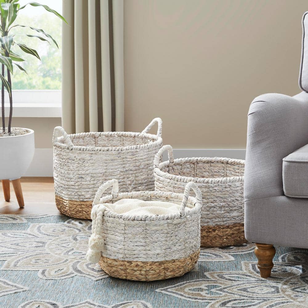 Home Decorators Collection Round White and Natural Braided Decorative ...
