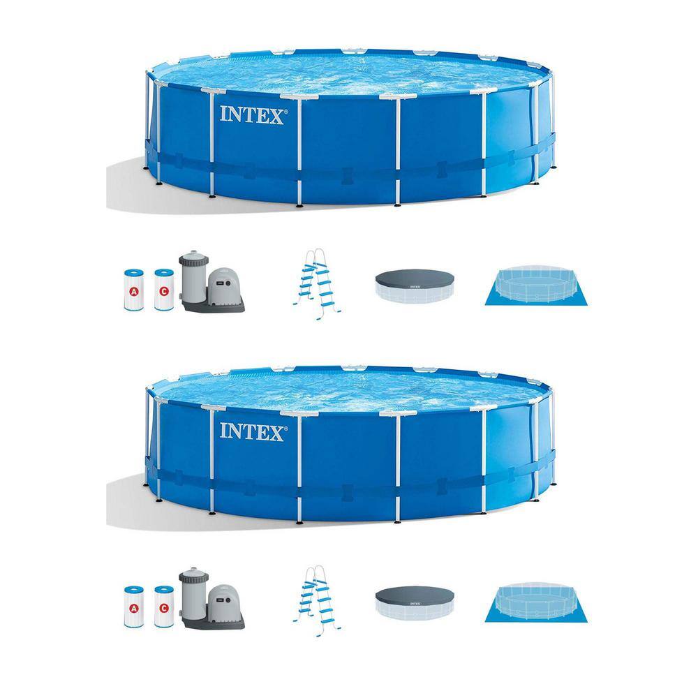 Intex 18 ft. x 48 in. Round Metal Frame Above-Ground Pool Set with ...