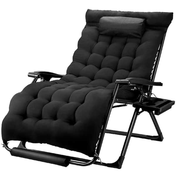 Spmou Zero Gravity XXL Black Metal Outdoor Recliner with Multifunctional Large Cup Holders and ...