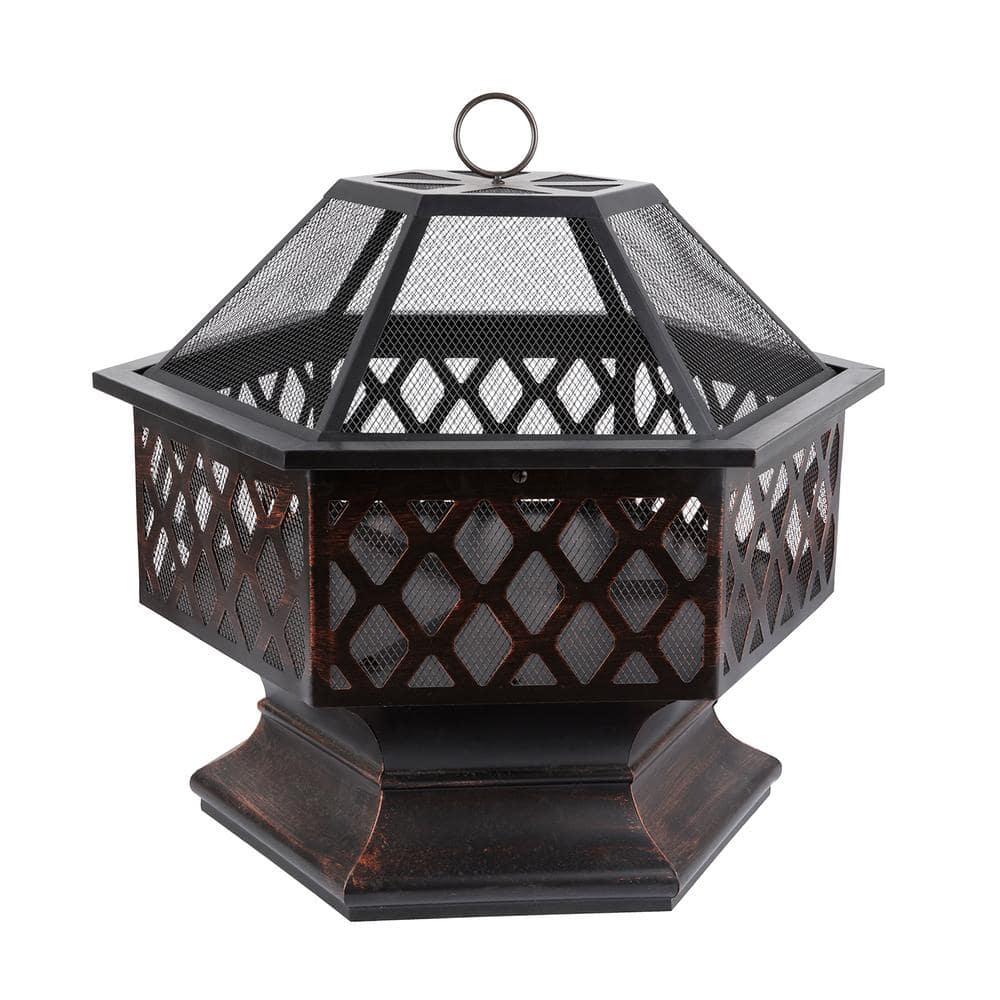 Tidoin 24.4 in. Outdoor Metal Burning Wood Black Fire Pit with Cover ...