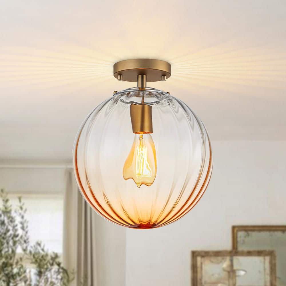 HUOKU Court 1-Light 11 in. Matte Brass Semi-Flush Mount Globe Ceiling ...