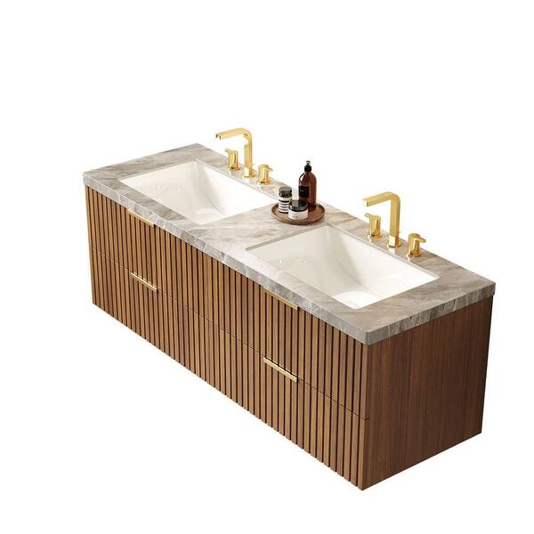 Afhocomp 60in. Floating Double Sink Espresso Bath Vanity with Light ...