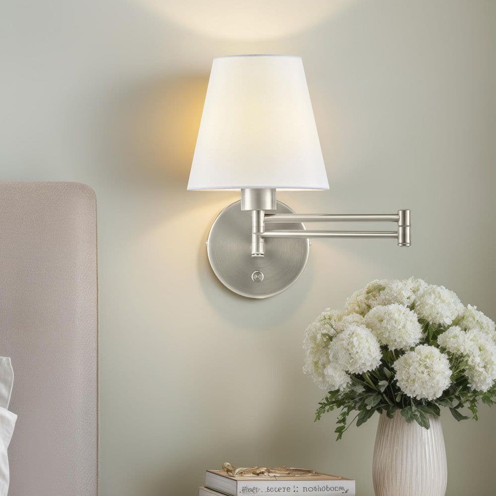 Merra Modern 1-Light Nickel Plug-In/Hardwired Swing Arm Wall Lamp with ...