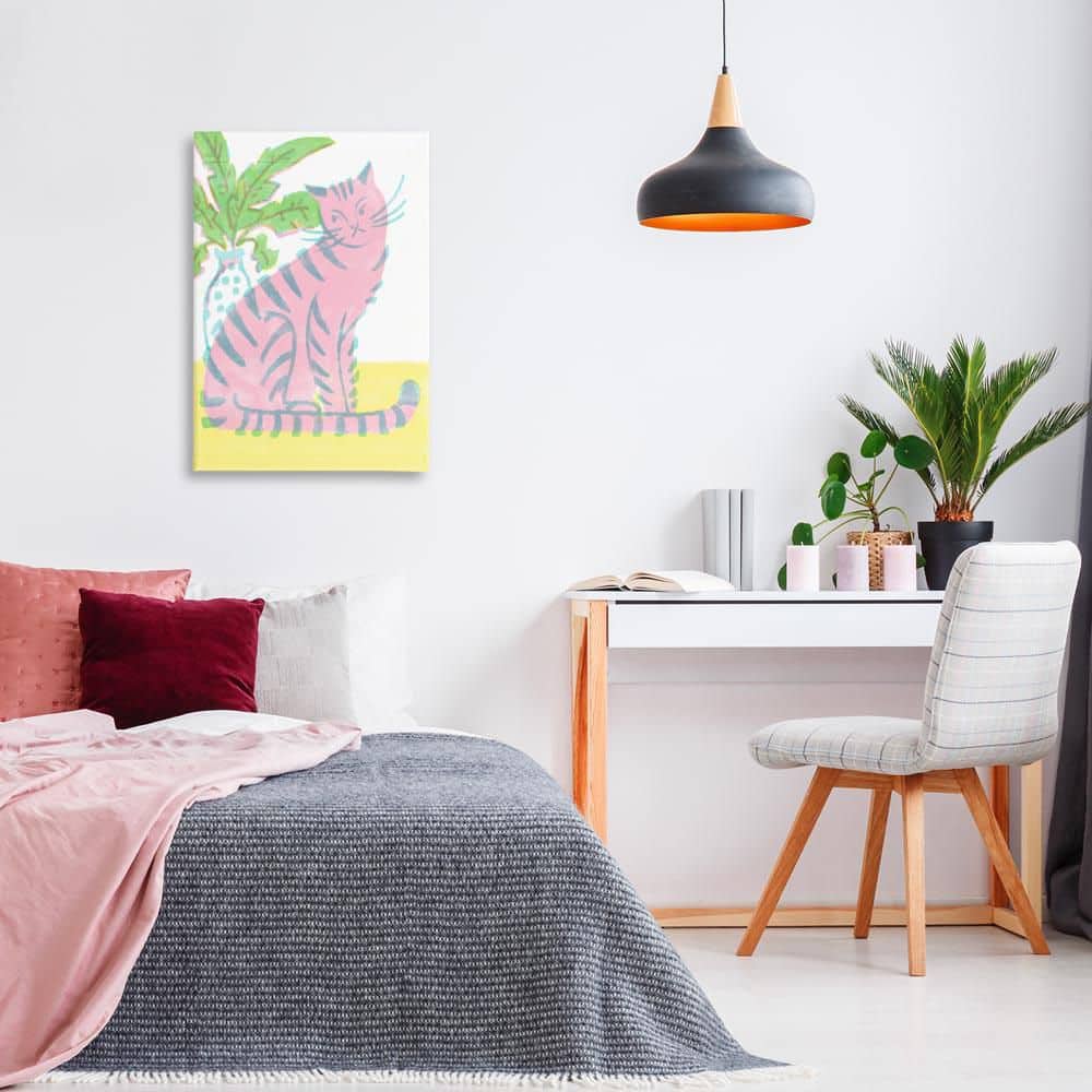 Stupell Industries Modern Pink Cat and Plant by Hannah Moren Unframed ...