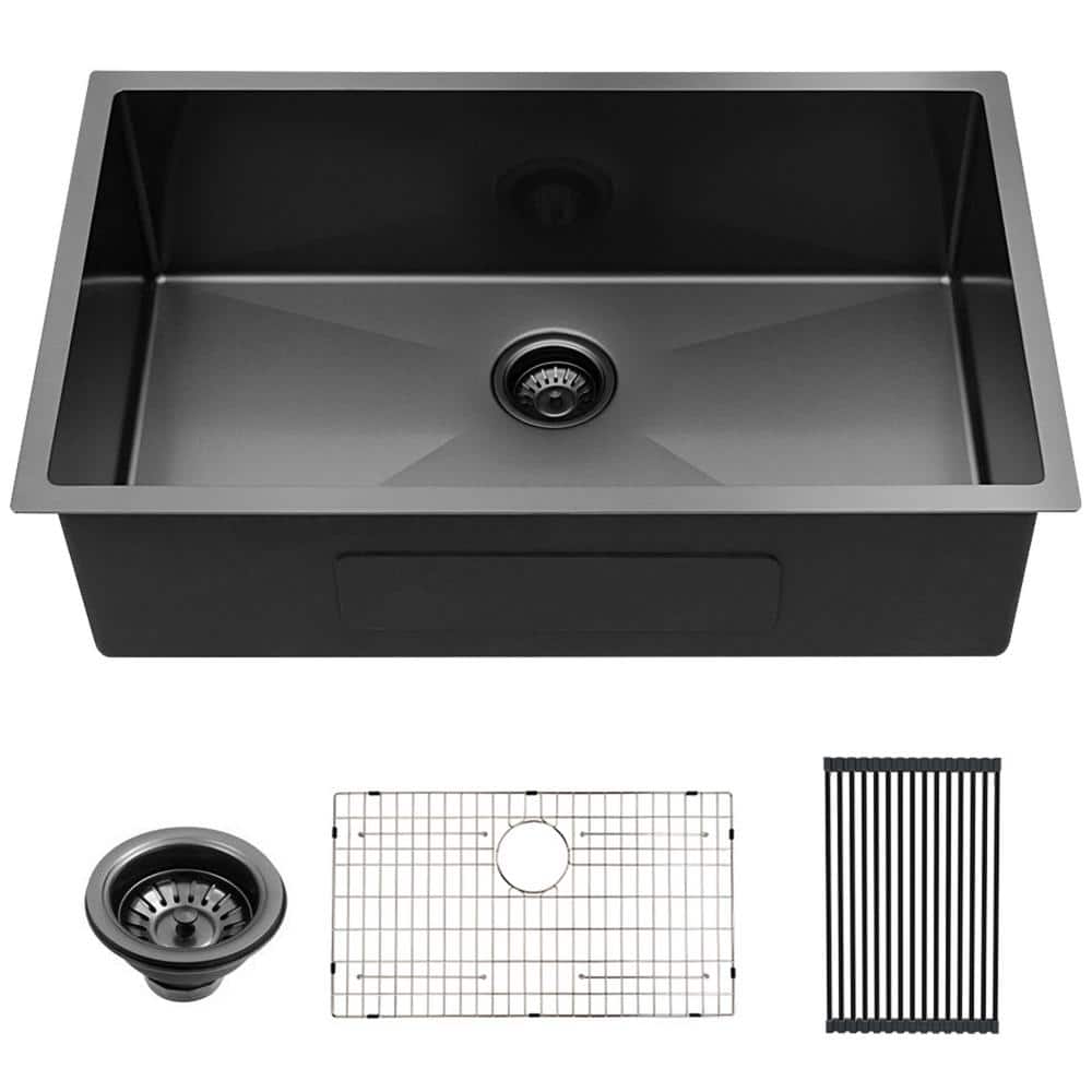 LORDEAR Gunmetal Black 32 in. Stainless Steel 16-Gauge Single Bowl ...