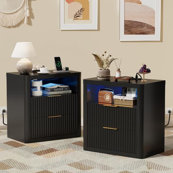 LACOO Fluted Black Nightstand Set of 2 with LED Lighting, 2 Drawers and ...