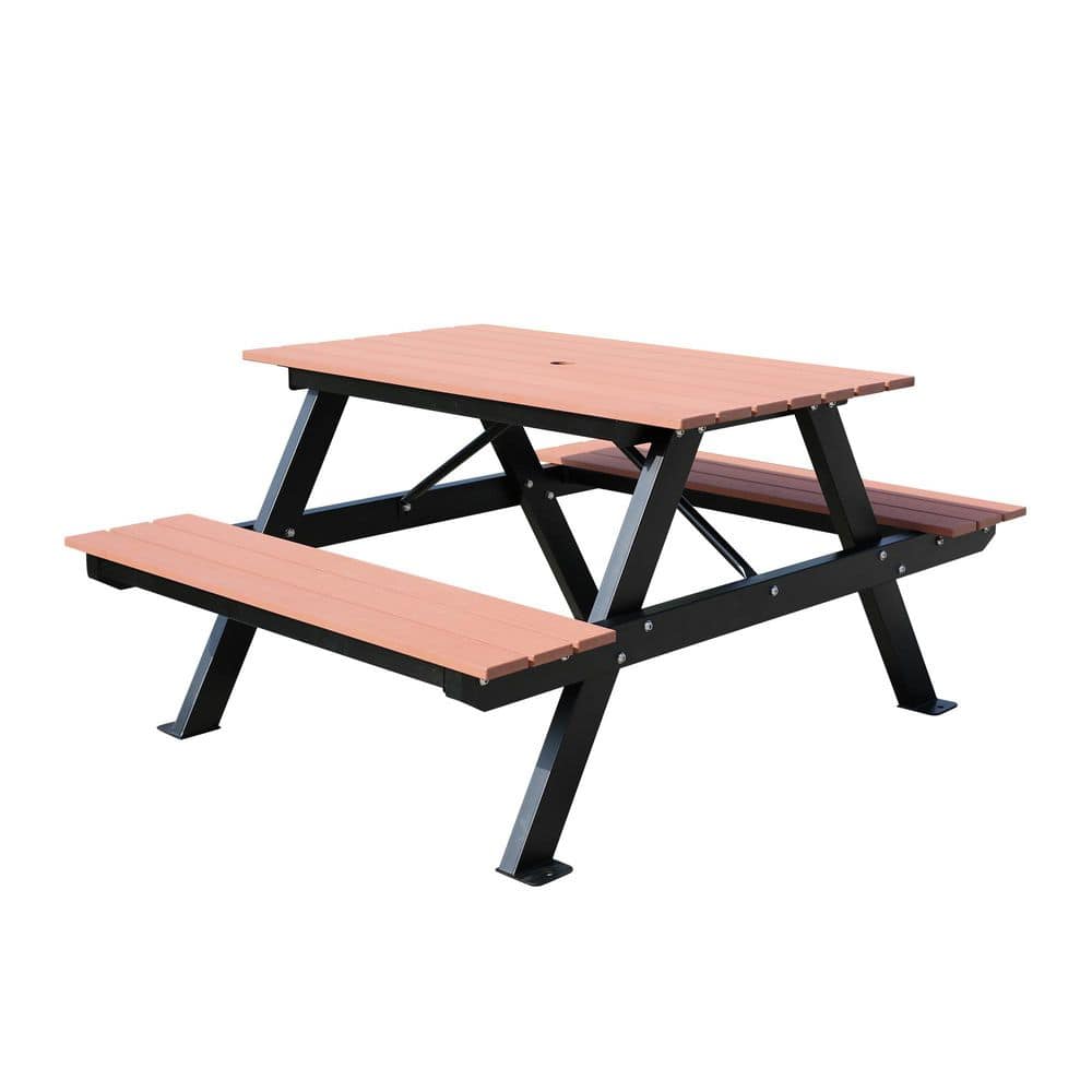 72 in. Natural Rectangle HDPE Steel Picnic Table 6 People with Umbrella ...