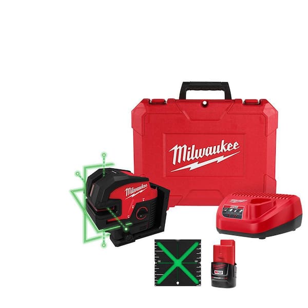 Milwaukee M12 12 Volt Lithium Ion Cordless Green Cross Line and 4 Points Laser Level Kit 3624 21