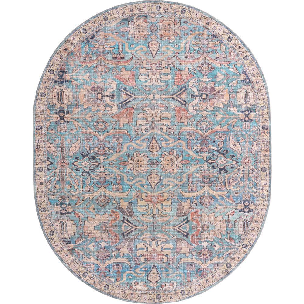 Unique Loom Nostalgia Katie Blue 8 ft. x 10 ft. Oval Machine Washable ...