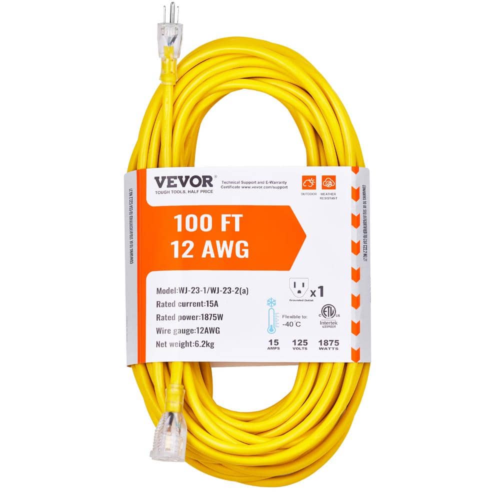 VEVOR 100 ft. Heavy Duty Extension Cord 12/3 15 Amp 125Volt 1875-Watt ...