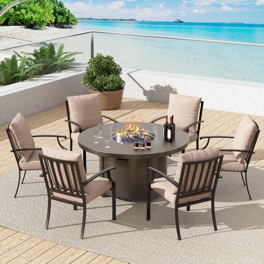 Zerpod 7-Piece Metal Patio Conversation Set with Round Fire Pit Table ...