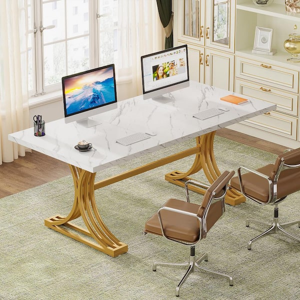 BYBLIGHT Moronia 63 in. Modern Rectangular White Gold Wood Computer Desk with Gold Metal Double Pedestal for Home Office Table BB XK00425YF CD The Home Depot
