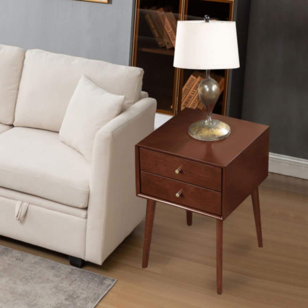 Clihome Dark Walnut 15.7 in. W 2 Drawers Wood Nightstand Side Table ...