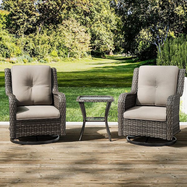 Esunny 3-Piece Patio Brown Wicker Frame Outdoor Rocking Swivel Chair ...