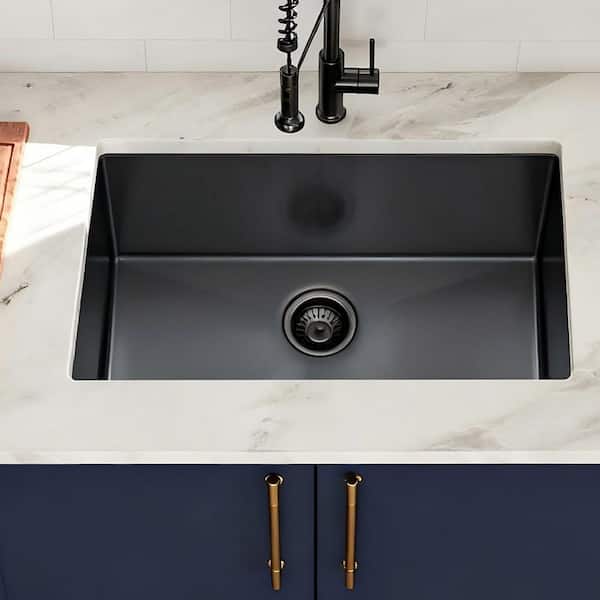 LORDEAR 30 in. x 18 in. Gunmetal Black Single Bowl 16-Gauge Stainless ...
