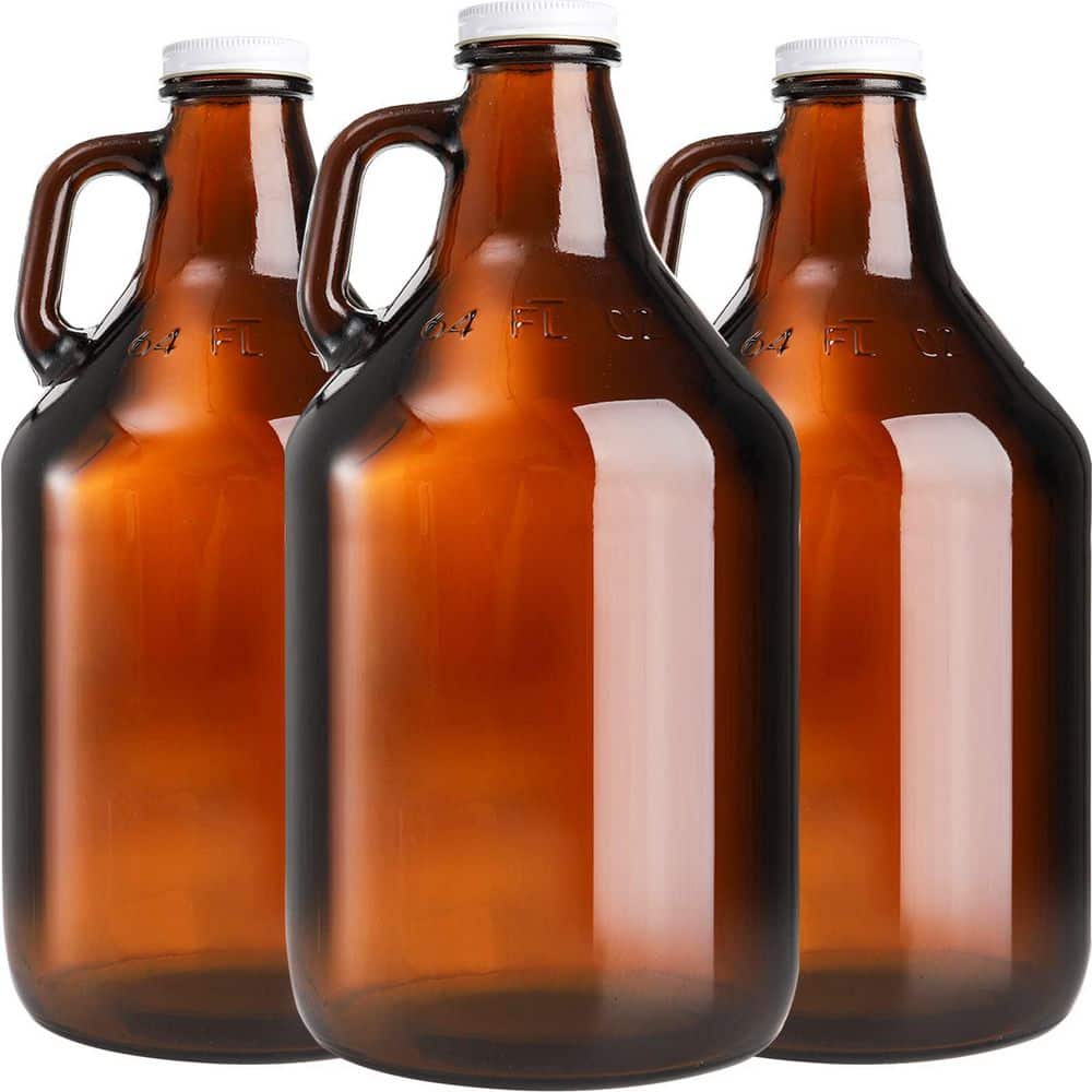 Wudkey 3-Pack 64 oz. Amber Glass Growler Jugs with Lids and Handle ...