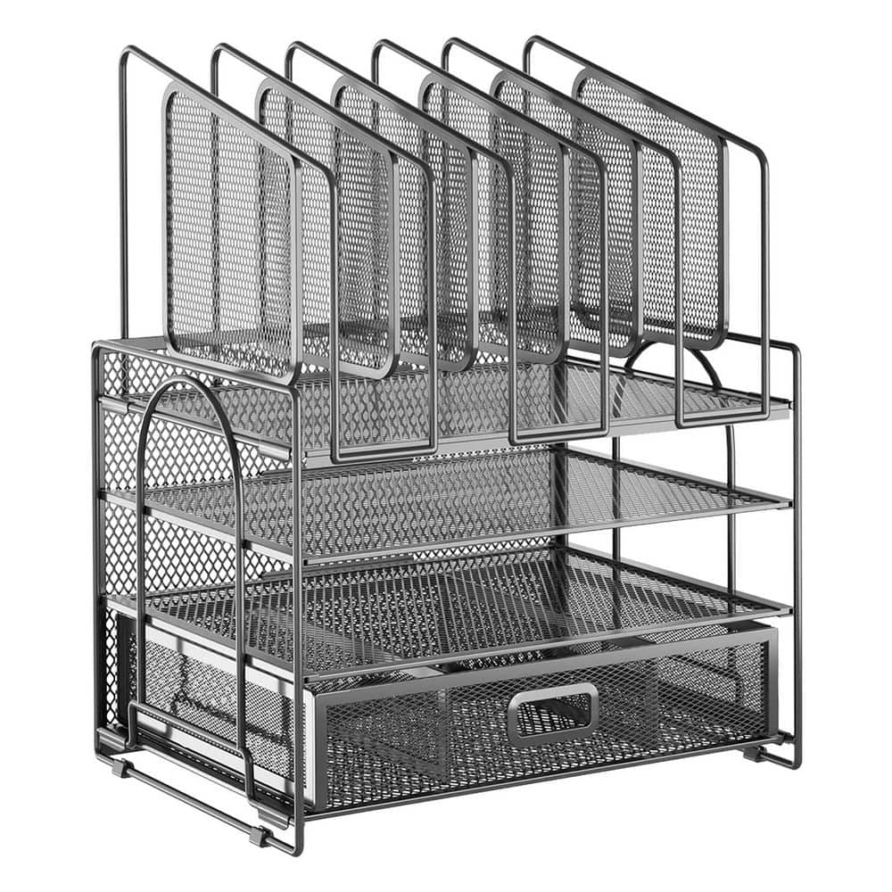 4-Tier Mesh Desk File Organizer with 5 Vertical Holders 2 Pen Holders ...
