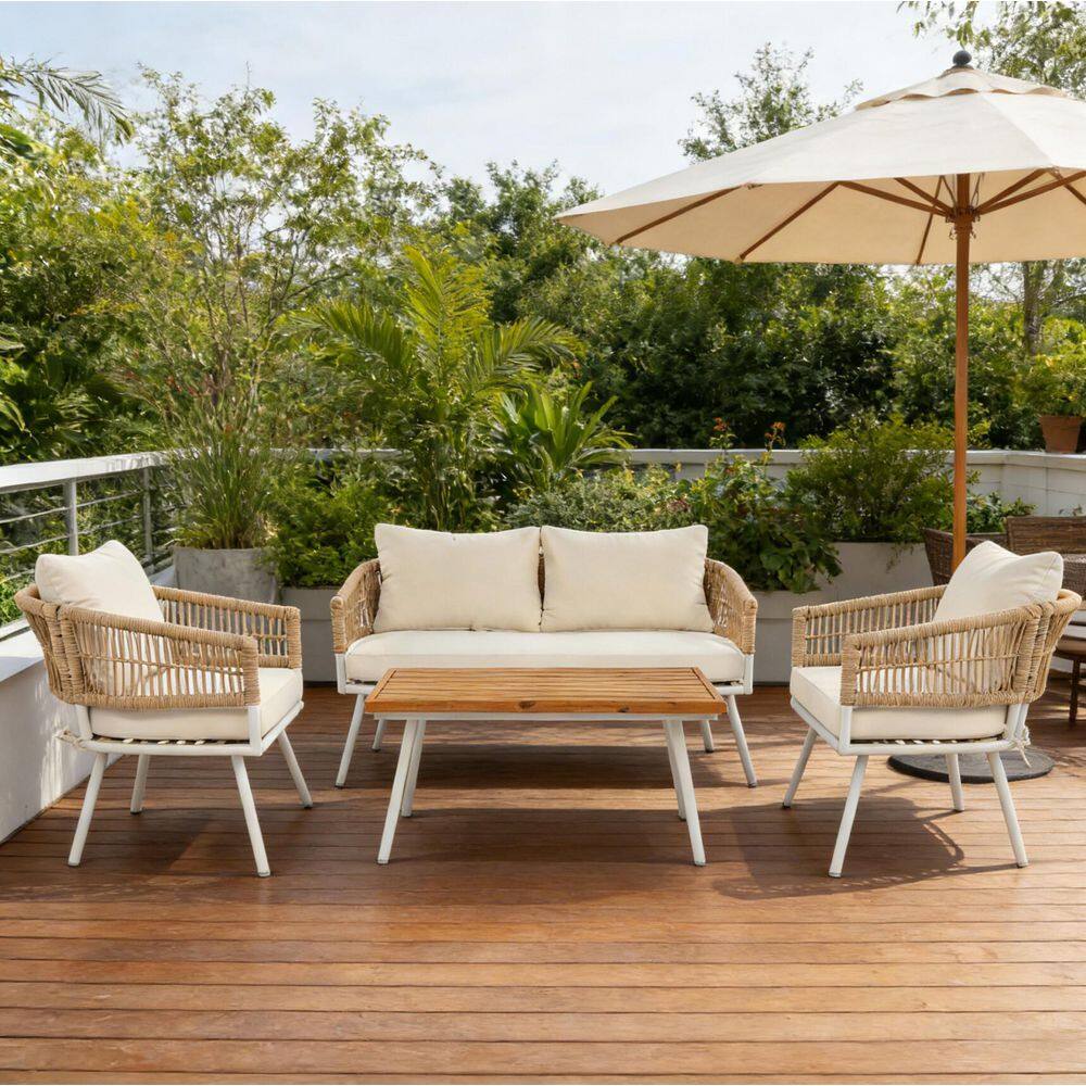 4-Piece Metal Frame Patio Conversation Set with Acacia Wood Top Coffee ...