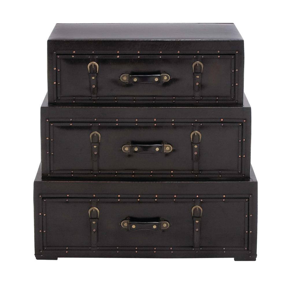 Litton Lane Black Wood Vintage Faux Leather Chest with Buckles and ...