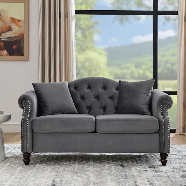 Noble House Lioren French 57 in. Rolled Arm and Nailhead Tufted Velvet ...