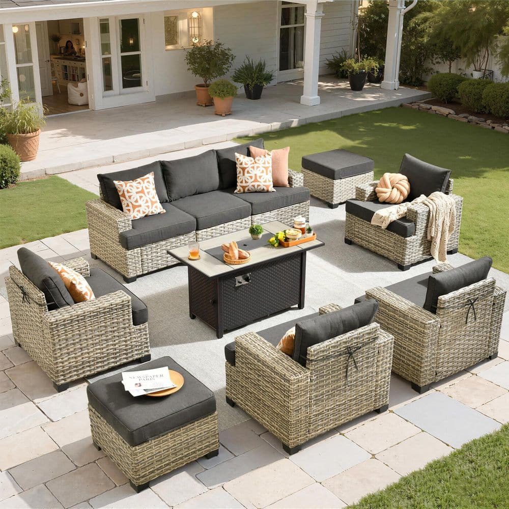XIZZI Hilarious 10 Pieces Wicker Outdoor Patio 42. in Rectangular Fire ...