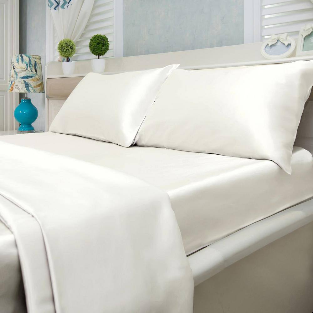 Luxury Home 4-Piece White Solid Satin Microfiber Queen Ultra Soft Sheet ...