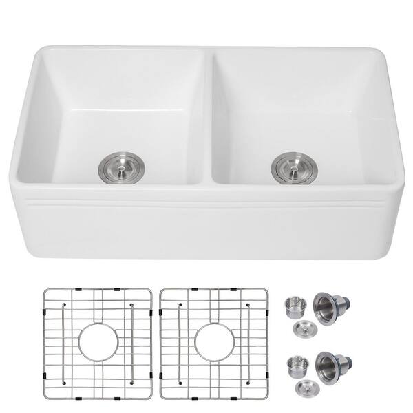 Sarlai Ceramic 33 in. Double Bowl Round Corner Farmhouse Apron Kitchen ...