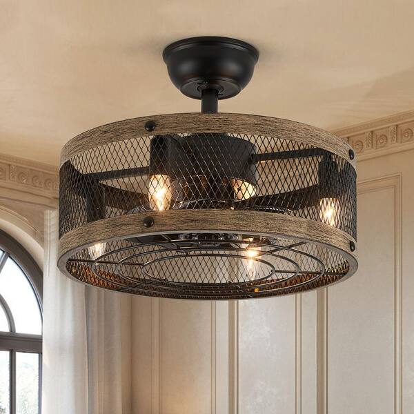 ANTOINE 18 in. Indoor Farmhouse Wood Grain Caged Ceiling Fan with Light ...