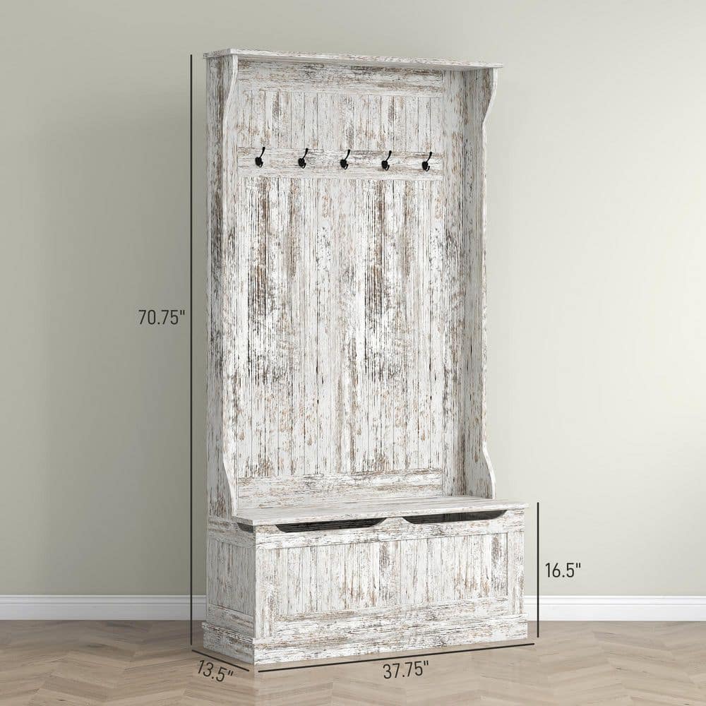 37.75 in. W x 13.5 in. D x 70.75 in. H White Wood Hall Tree with ...