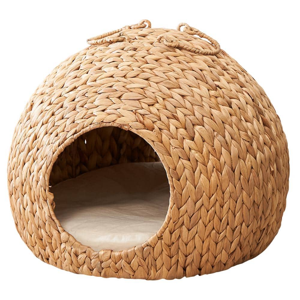maocao hoom Water Hyacinth Woven Wicker Round Cat Bed Cave with Handles ...