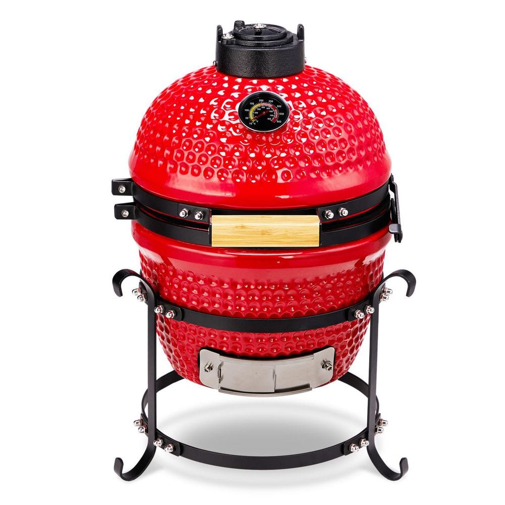 Karl home 13 in. Kamado Ceramic Charcoal Grill in Red with Grill Stand ...