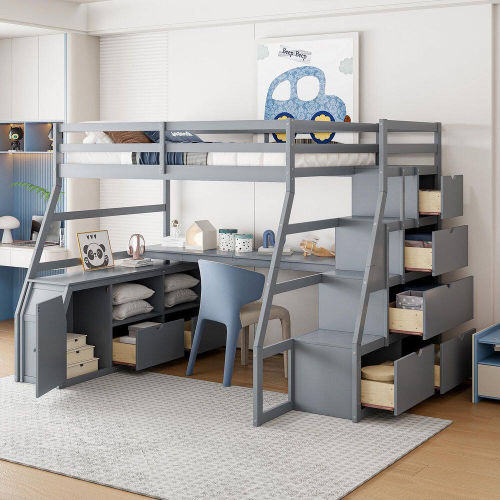 Polibi Full Size Loft Bed with 7 Drawers 2 Shelves and Desk - Gray RS-24516AAEF - The Home Depot