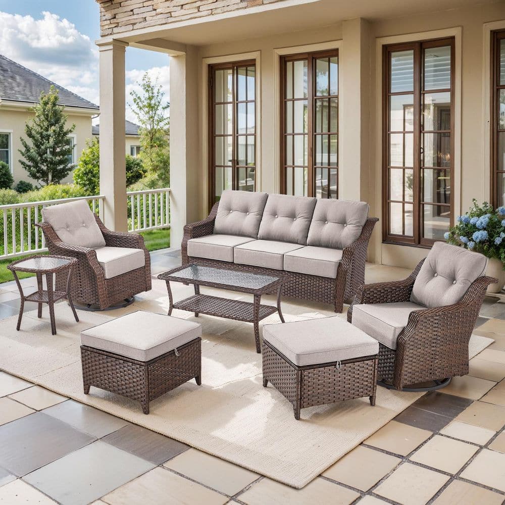 moosprr Modern Farmhouse 7-Piece Brown Wicker Patio Conversation Set ...