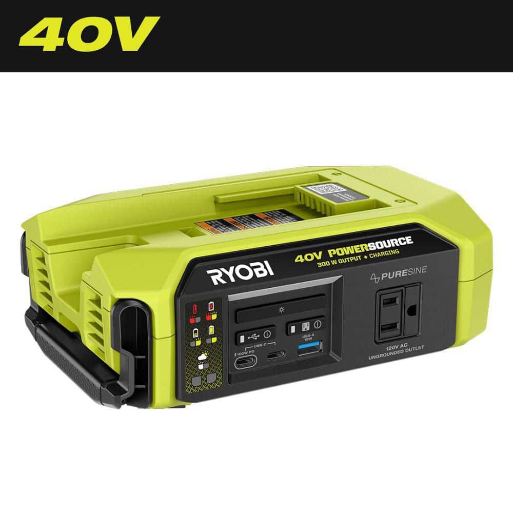 RYOBI 40V 300-Watt Portable Battery Inverter Power Source and 40V ...