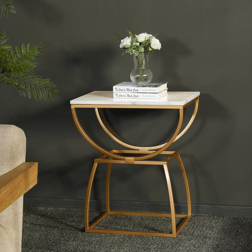 StyleCraft Loren 24 in. White, Gold Specialty Marble End Table ...